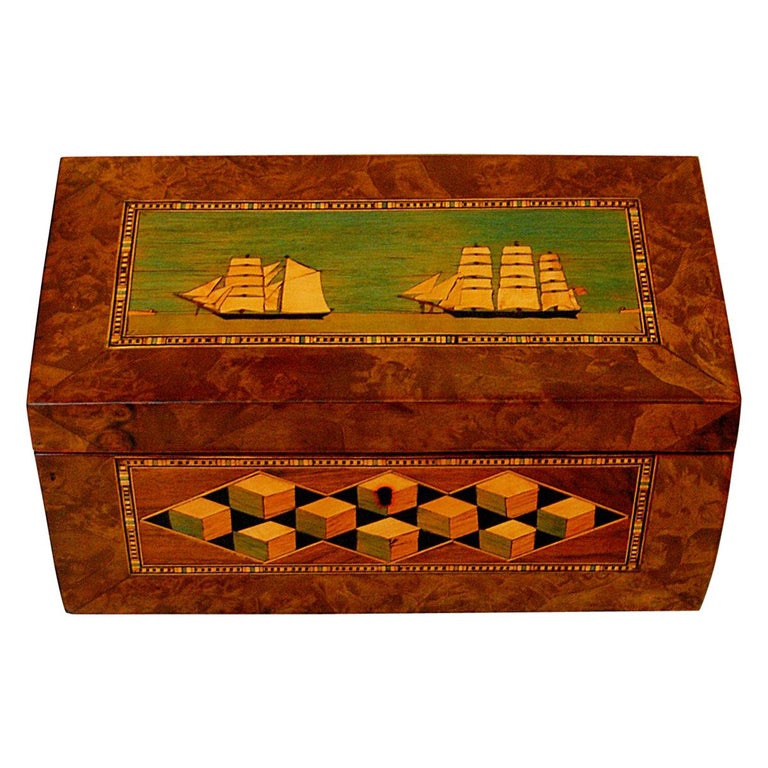English 19th Century Trinity House Tea Caddy Ship and Perspective Cube ...