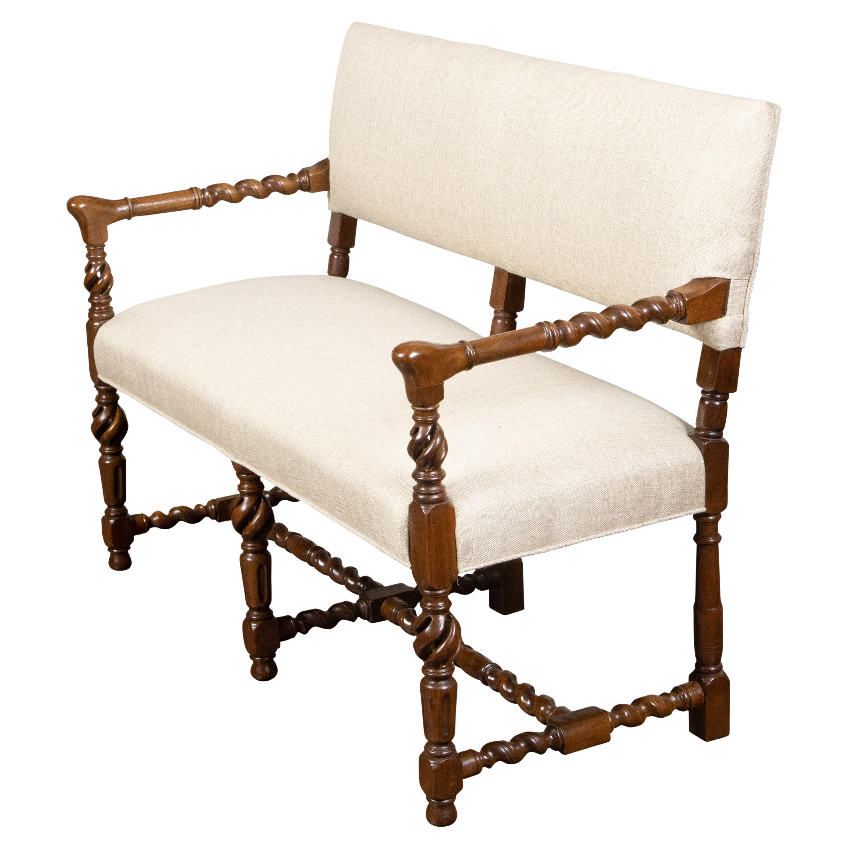 Long English Bench with Linen Upholstery at 1stDibs