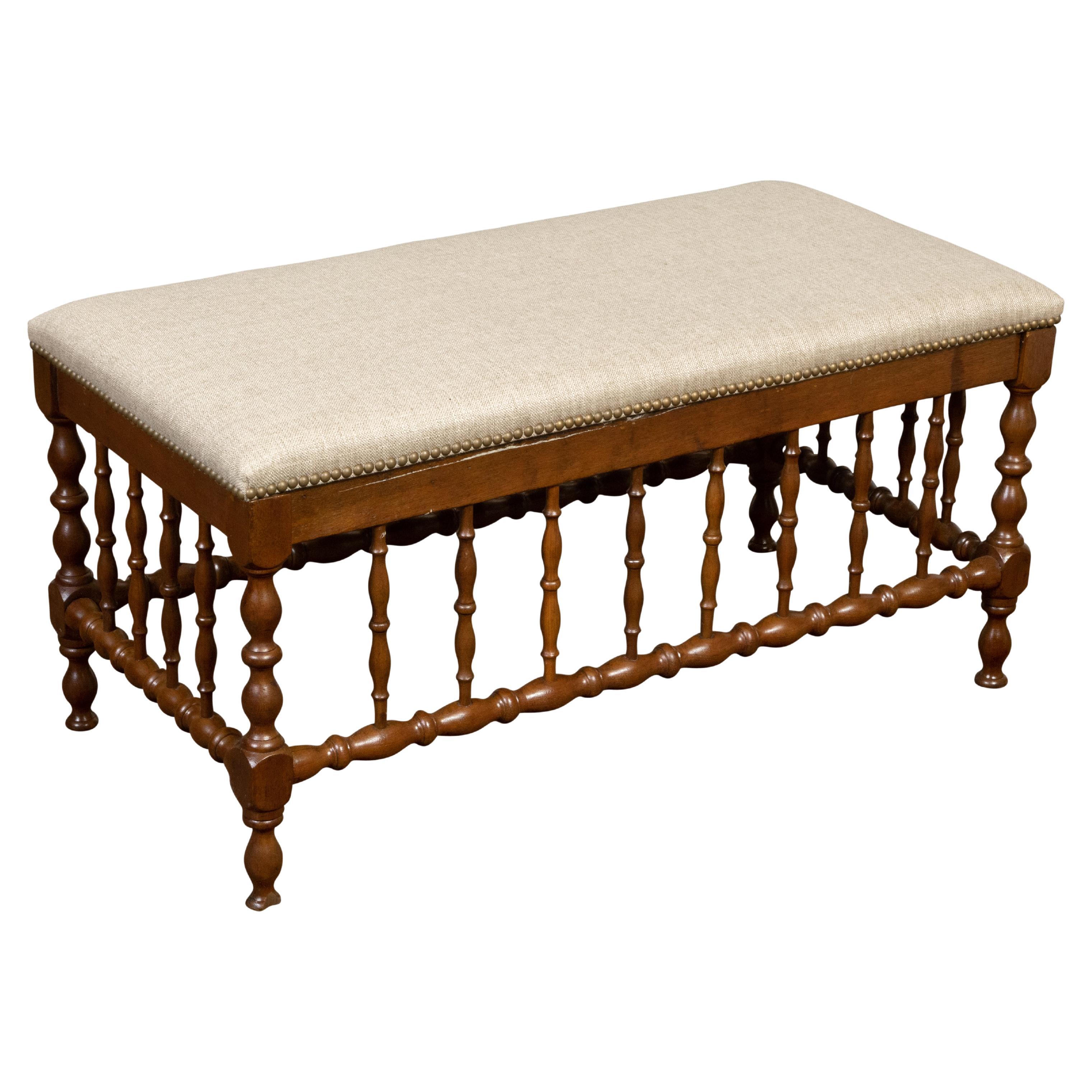 English 19th Century Walnut Bench with Spindle Base and New Linen ...