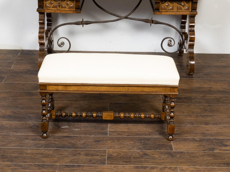 English 19th Century Walnut Bench with Turned Legs and H-Form Cross ...