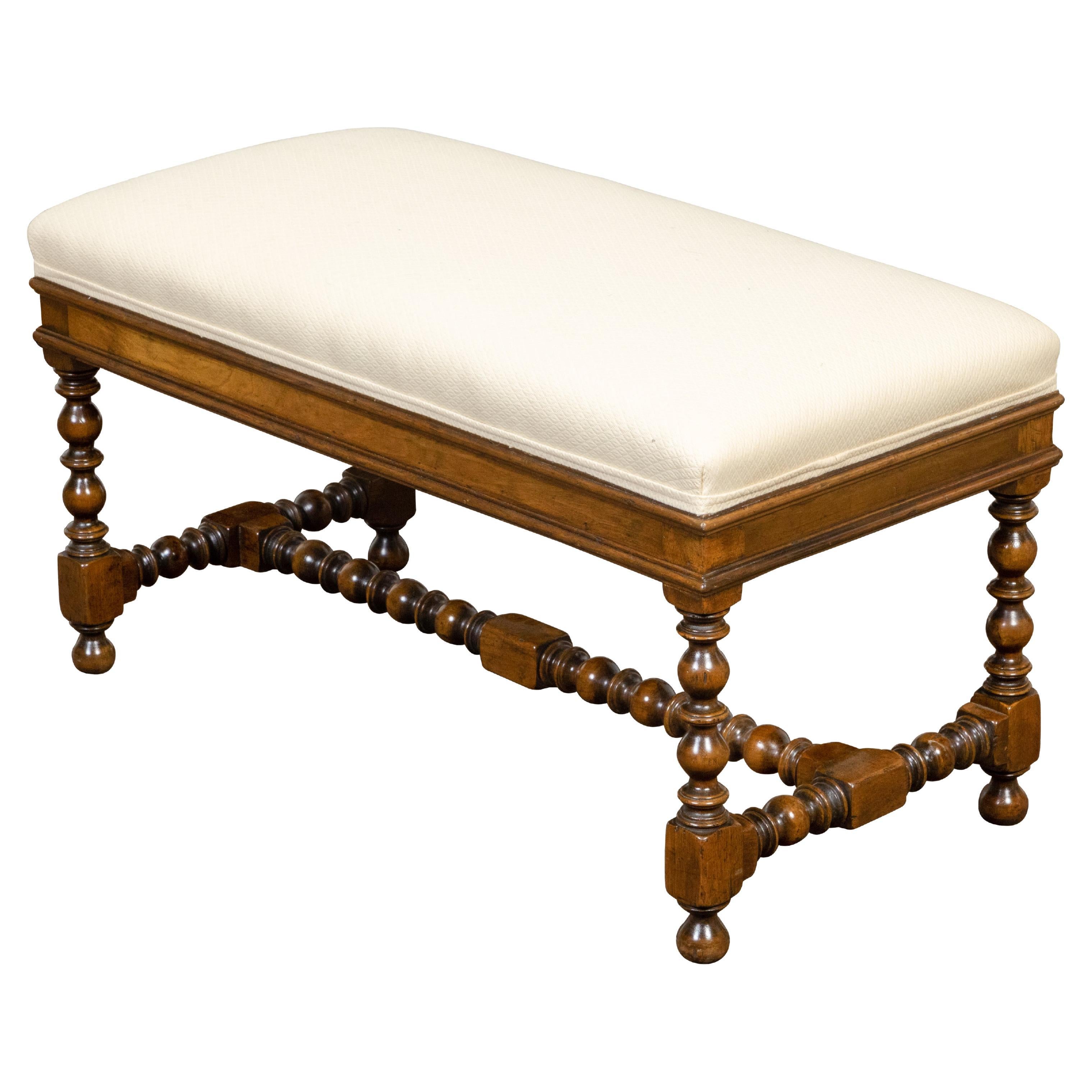 English 19th Century Walnut Bench with Turned Legs and H-Form Cross ...