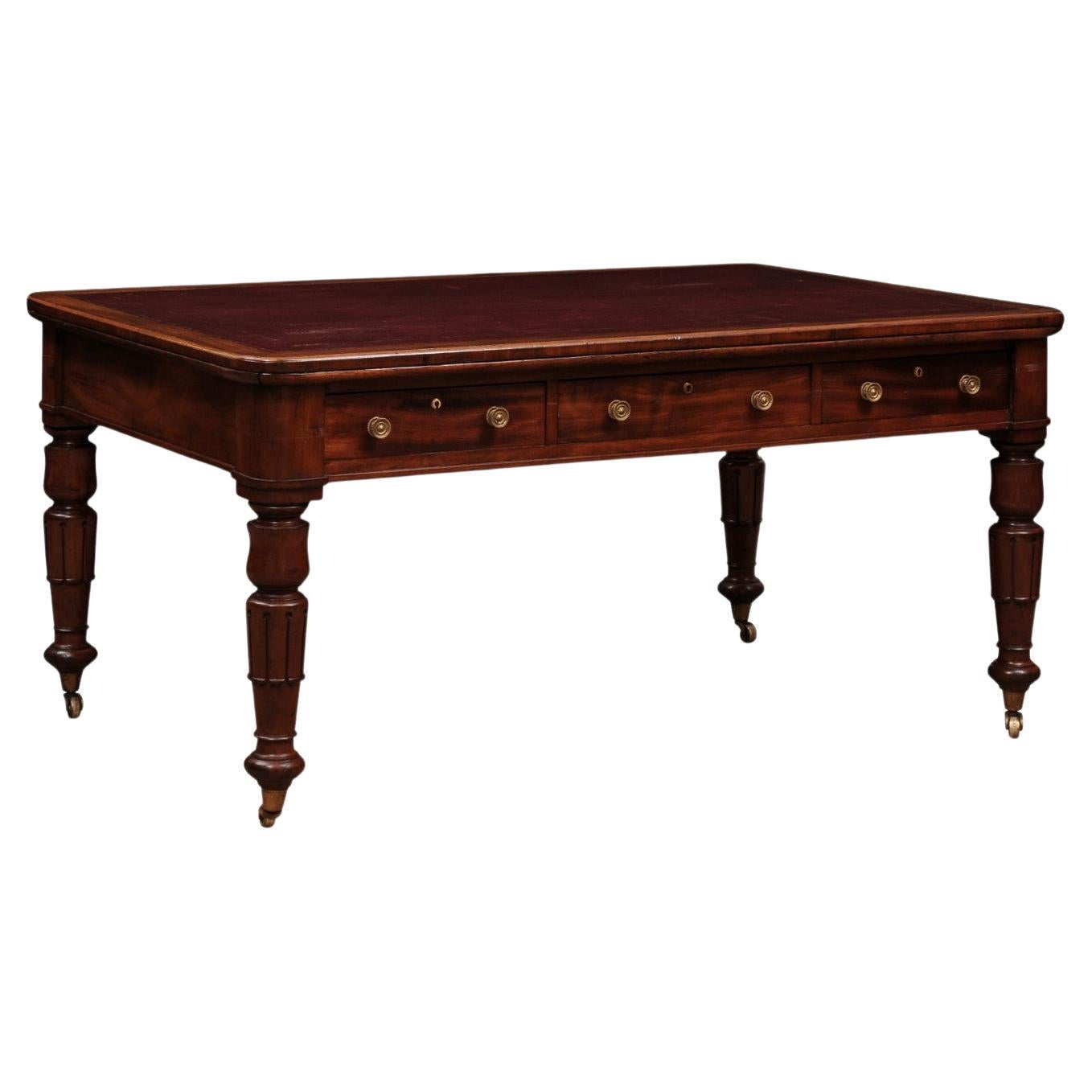 English 19th Century Writing Table /Partner’s Desk with Embossed Red ...