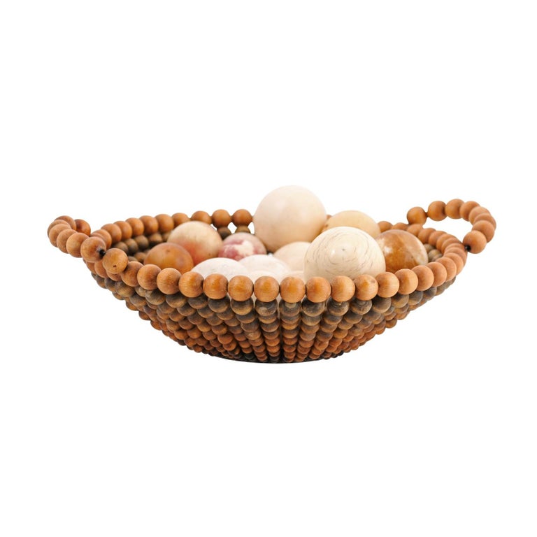 English 20th Century Decorative Wooden Bead Basket with Assortment of ...
