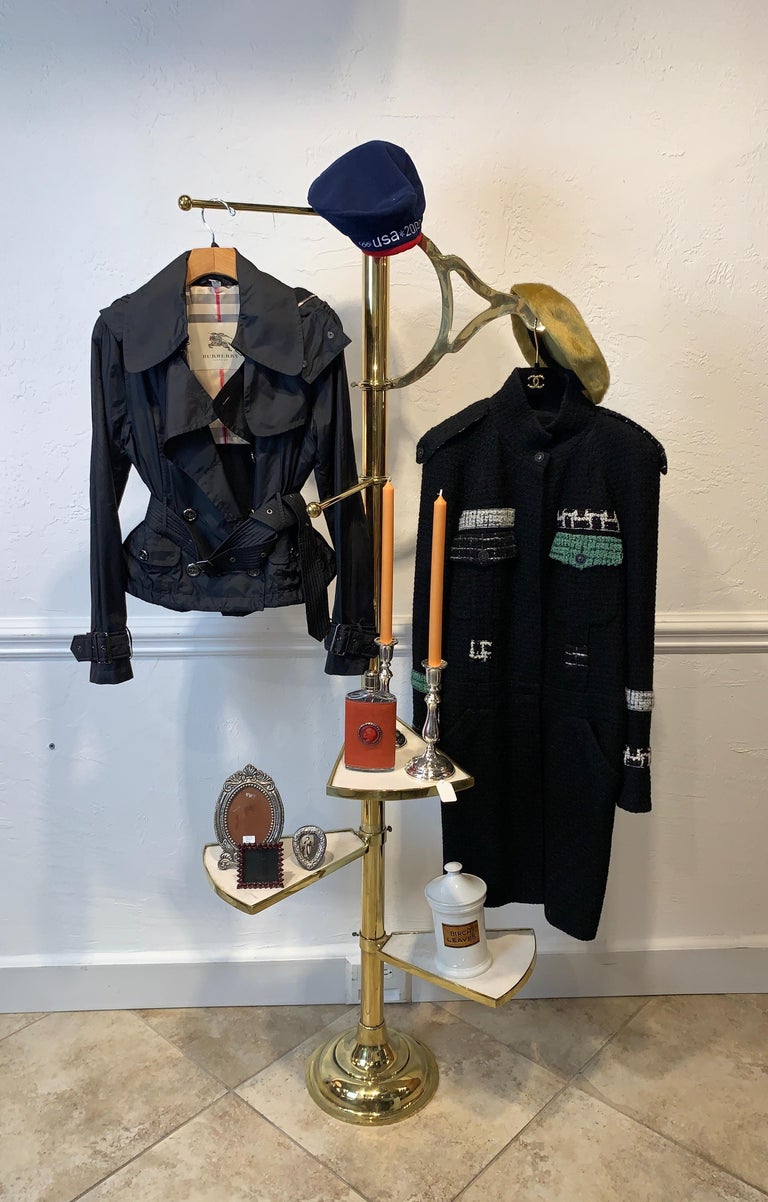 English Adjustable Brass Clothes Stand with Three Marble Insert Shelves ...