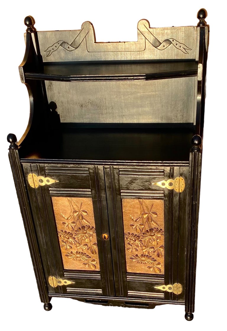 English Aesthetic Ebonized Wood and Brass Wall Cabinet, For Sale at 1stDibs