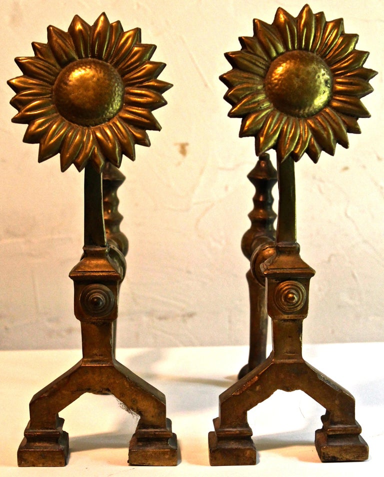 English Aesthetic Movement Bronze "Sunflower" Andirons Manner Thomas ...