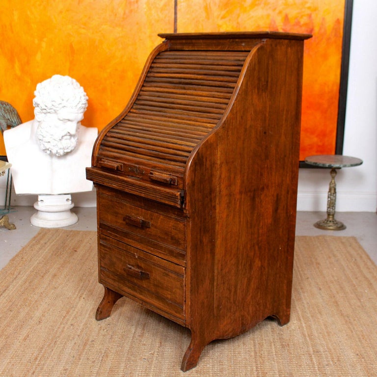 English Antique Oak Bureau Tambour Roll-Top Writing Desk Chest ...
