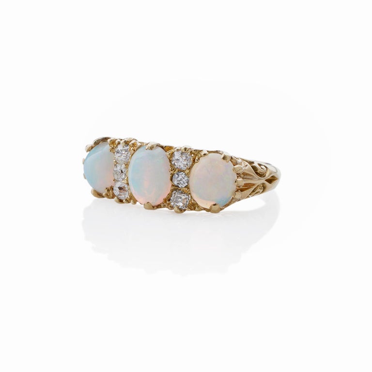 English Antique Opal and Old European-Cut Diamond Three Stone Ring For ...