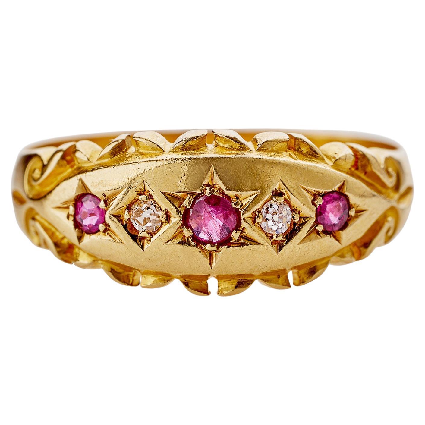 Antique Five-Stone Ruby Ring with Diamonds at 1stDibs | 5 stone ruby ring