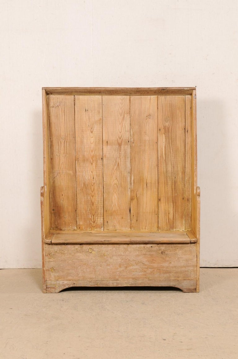 English Antique Tall-Back Pine Wood Hall Bench w/ Storage, at Top Rail ...