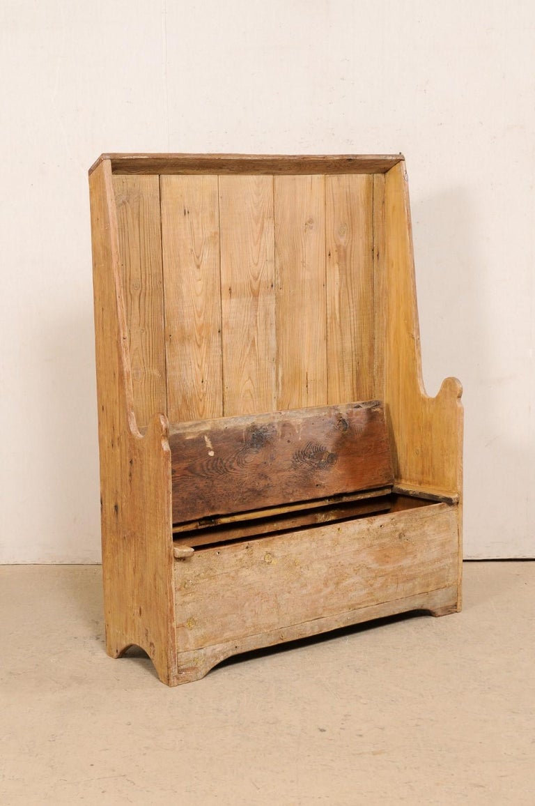 English Antique Tall-Back Pine Wood Hall Bench w/ Storage, at Top Rail ...