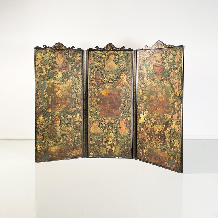 English Antique Three-Door Screen Decorated with the Collage on Wood ...