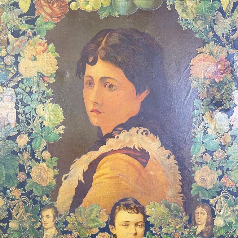 English Antique Three-Door Screen Decorated with the Collage on Wood ...