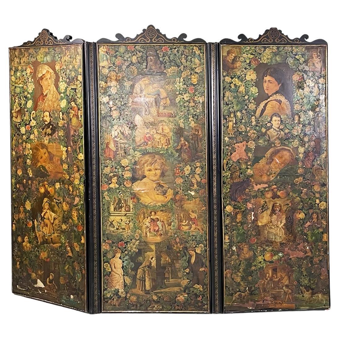 Italian Antique Three-Door Screen Hand Painted on Fabric and Wood ...