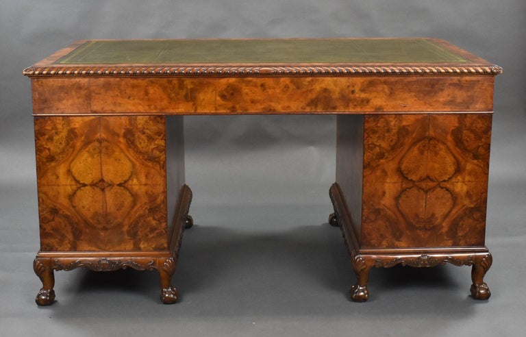 English AntiqueBurr Walnut Georgian Style Pedestal Desk For Sale at 1stDibs