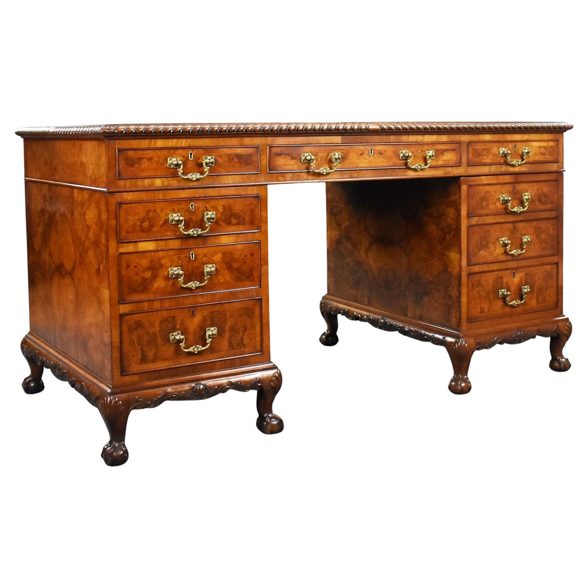 20th Century Antique English Burl Walnut Georgian Style Partners Desk ...