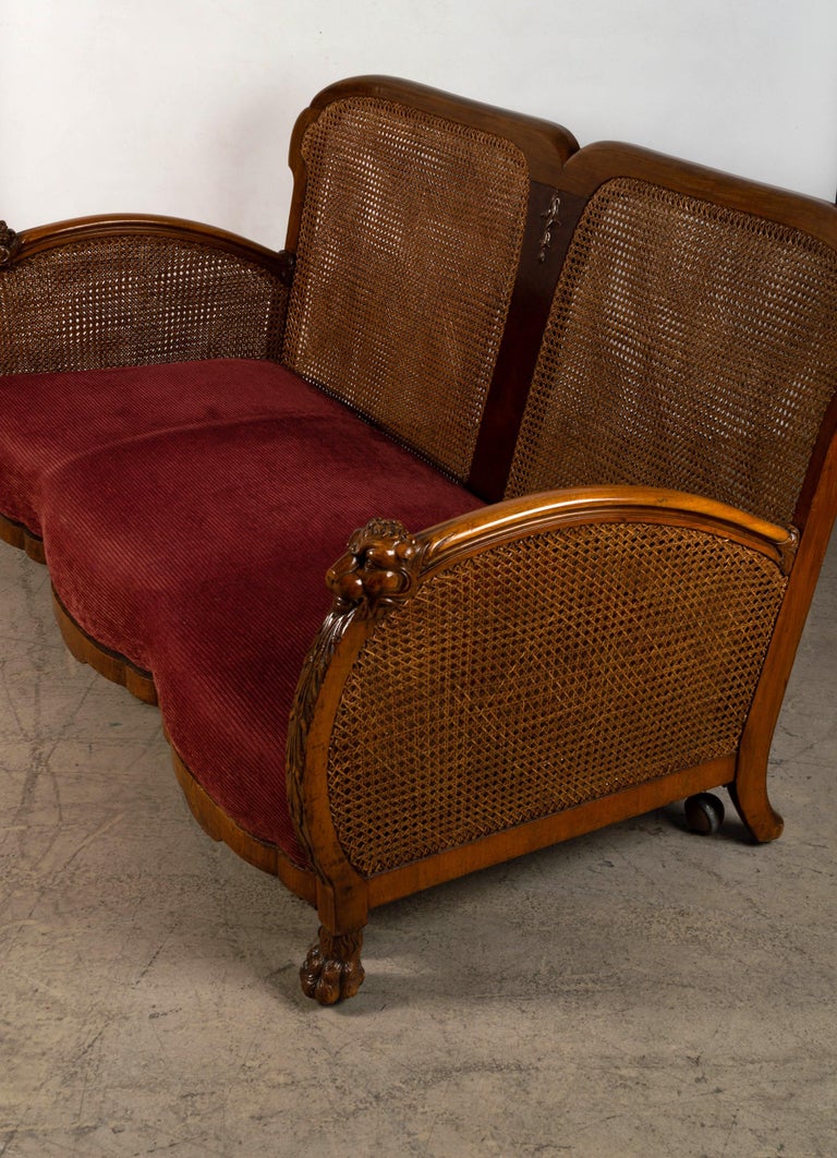 English Art Deco Walnut Framed Cane Bergere Sofa C.1920 For Sale at 1stDibs
