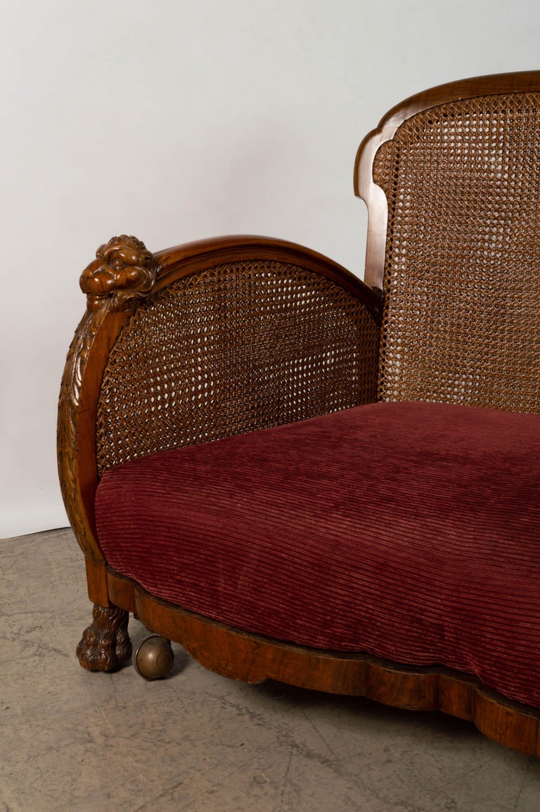English Art Deco Walnut Framed Cane Bergere Sofa C.1920 For Sale at 1stDibs