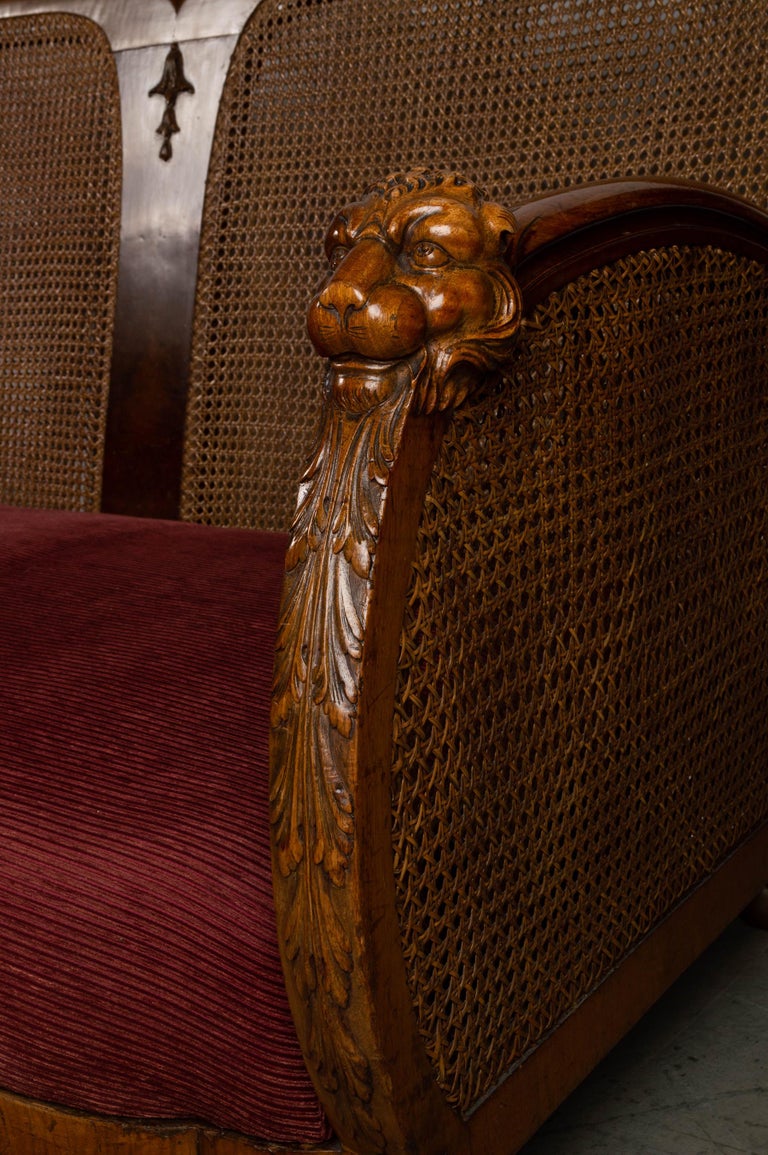 English Art Deco Walnut Framed Cane Bergere Sofa C.1920 For Sale at 1stDibs