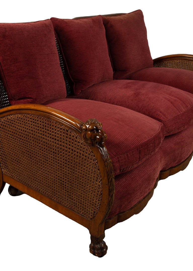 English Art Deco Walnut Framed Cane Bergere Sofa C.1920 For Sale at 1stDibs