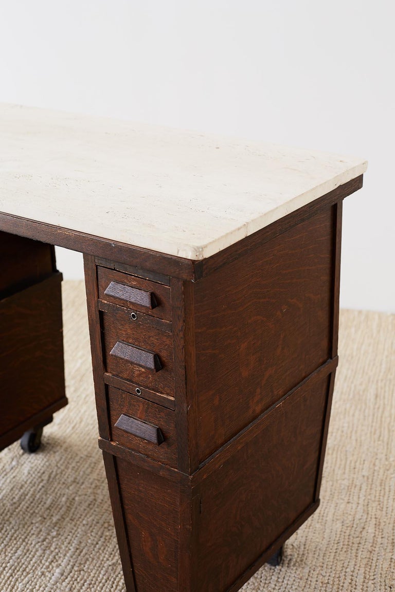 English Arts and Crafts Oak and Travertine Desk at 1stDibs