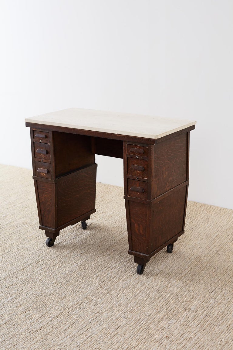 English Arts and Crafts Oak and Travertine Desk at 1stDibs