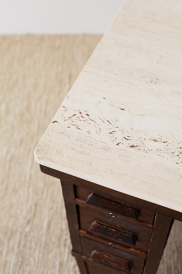 English Arts and Crafts Oak and Travertine Desk at 1stDibs