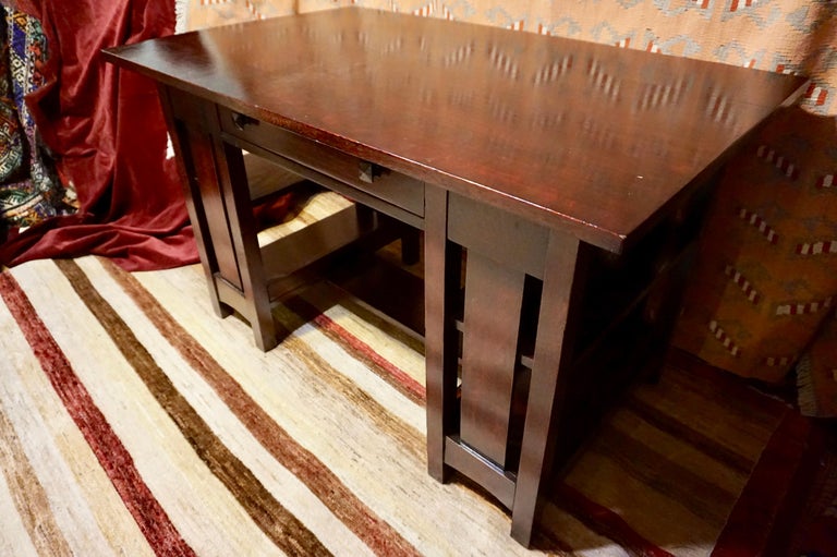 English Arts and Crafts Handmade Dark Stained Solid Oak Desk with Side ...