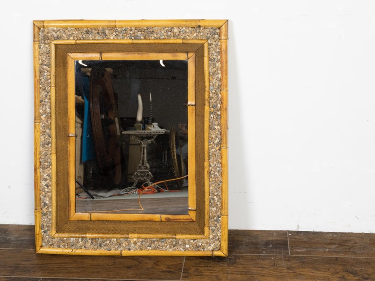 English Bamboo, Rocks and Burlap Rectangular Mirror from the Mid-Century Period For Sale at 1stDibs