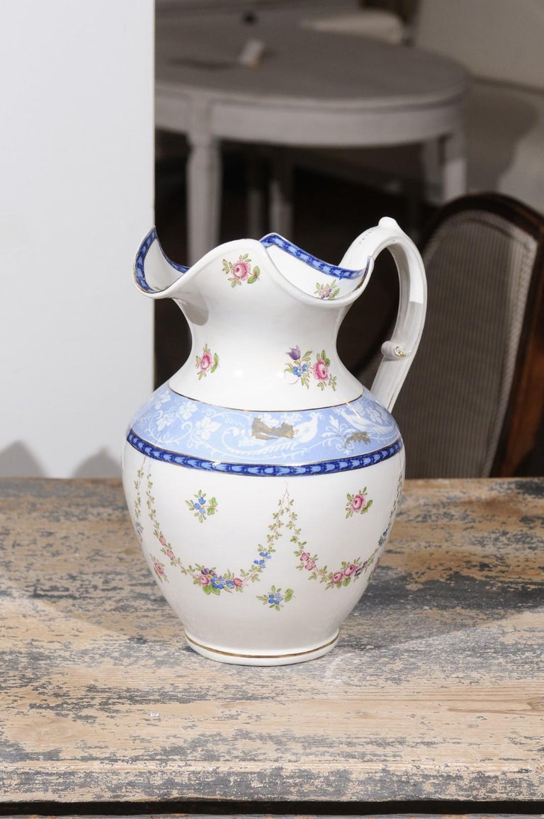 English Booth's China Pitcher with Pink Roses and Blue and White ...