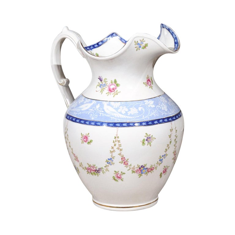 English Booth's China Pitcher with Pink Roses and Blue and White ...