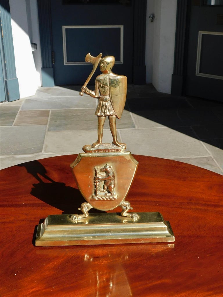 English Brass Figural Knight and Bear Shield Door Stop with Step Back ...
