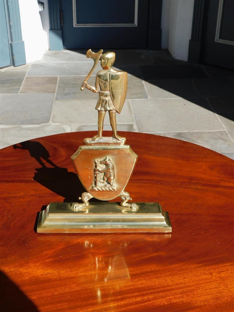 English Brass Figural Knight and Bear Shield Door Stop with Step Back ...