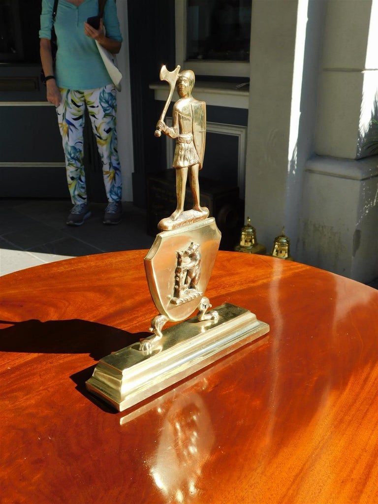 English Brass Figural Knight and Bear Shield Door Stop with Step Back ...