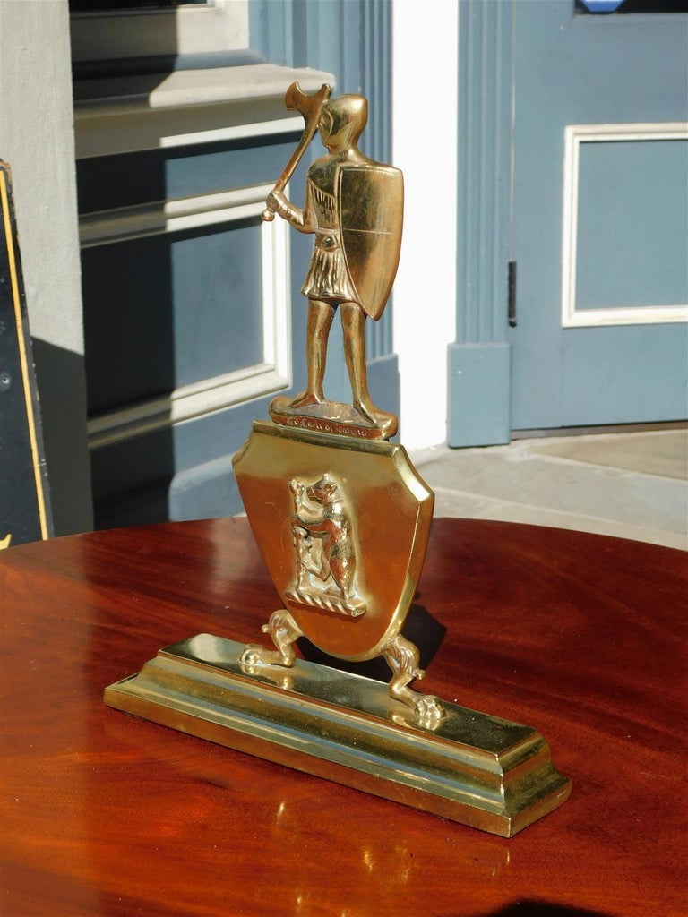 English Brass Figural Knight and Bear Shield Door Stop with Step Back ...