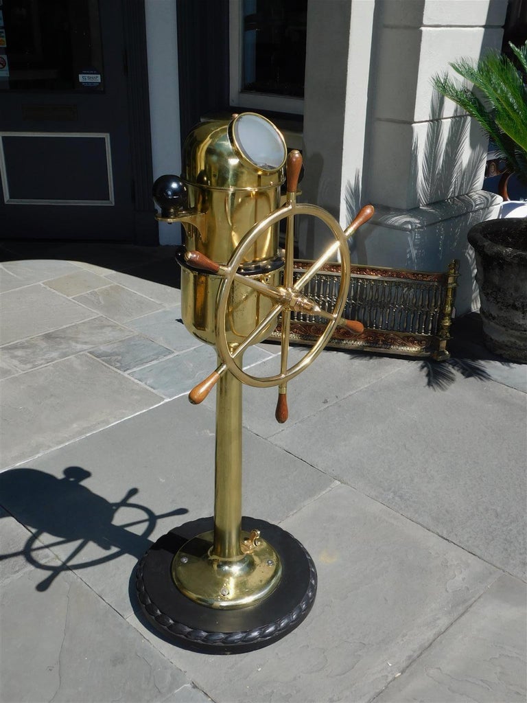 English Brass Nautical Ship Wheel Mounted with Yacht Binnacle on Rope ...