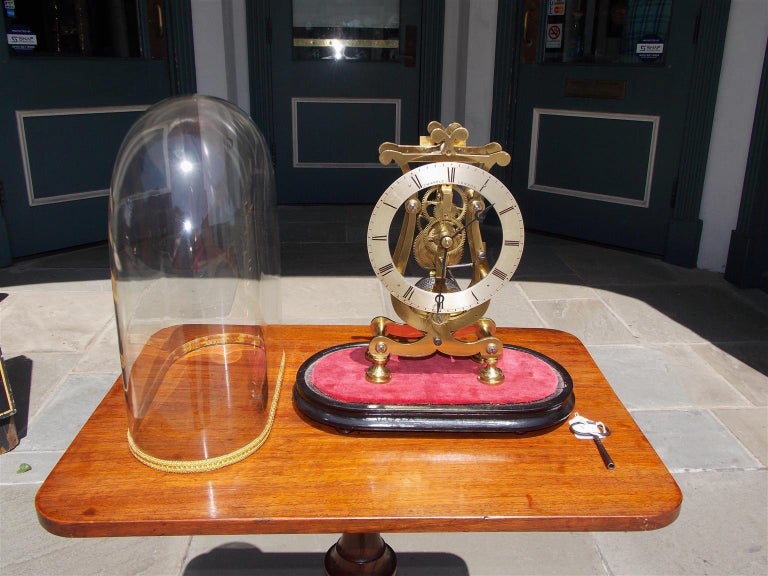 English Brass and Polished Steel Skeleton Clock Under Glass Dome T ...