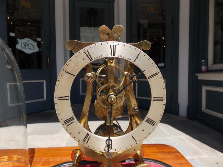 English Brass and Polished Steel Skeleton Clock Under Glass Dome T ...