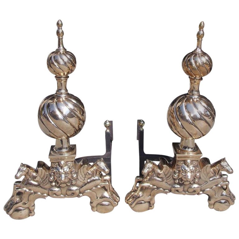Pair of English Brass Spiral Ball Andirons with Flanking Lion and ...