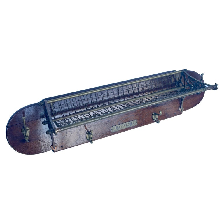 English Brass Wood Train Pullman Hat Coat Wall Mounted Rack For Sale at ...