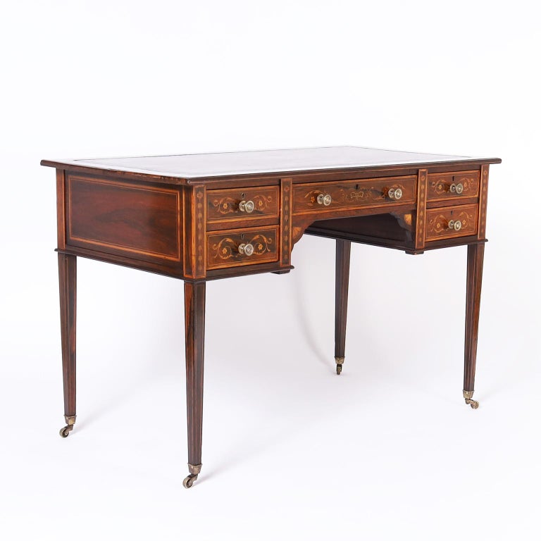 English British Colonial Style Leather Top Inlaid Rosewood Desk at 1stDibs