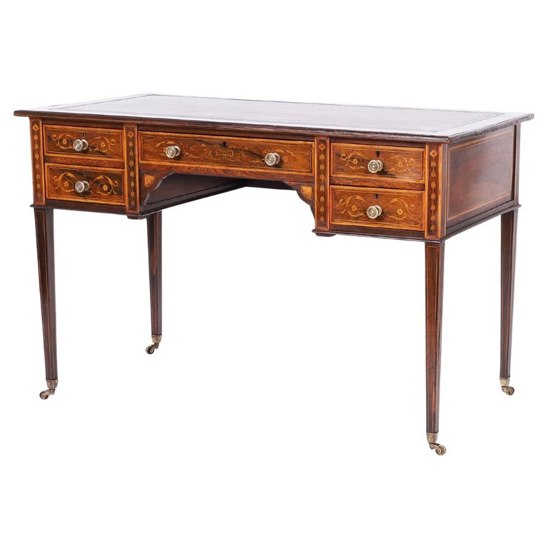 English British Colonial Style Leather Top Inlaid Rosewood Desk at 1stDibs