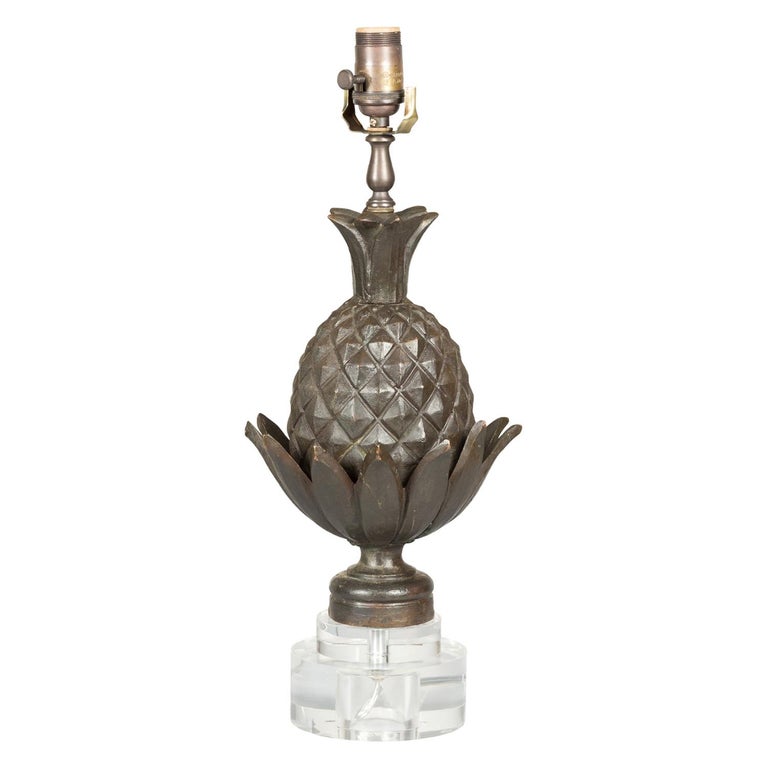 English Bronze Pineapple Wired Table Lamp with Round Lucite Base For ...