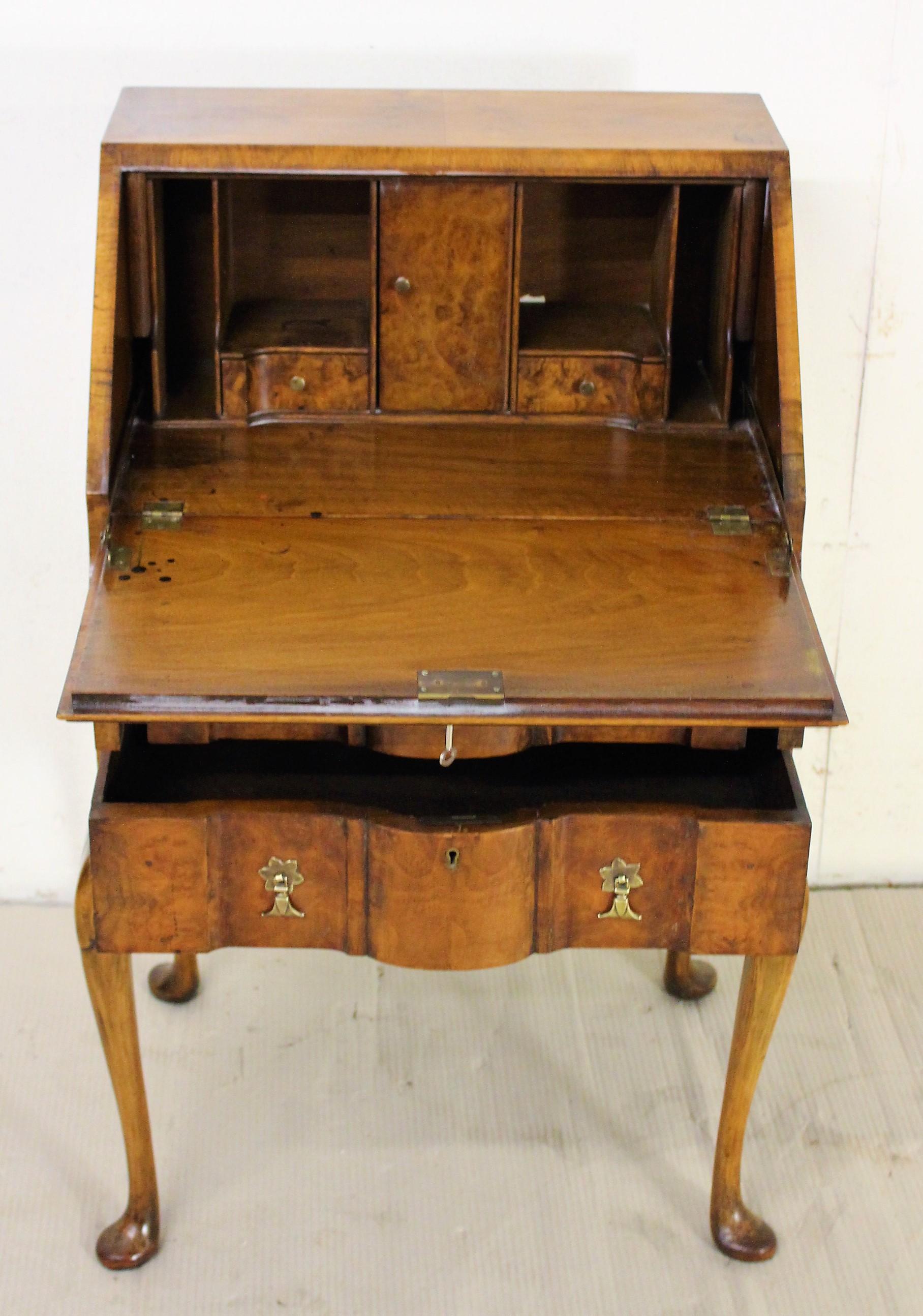 English Burr Walnut Queen Anne Style Bureau at 1stDibs