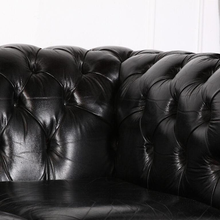 English Button Tufted Black Leather Sofa at 1stDibs