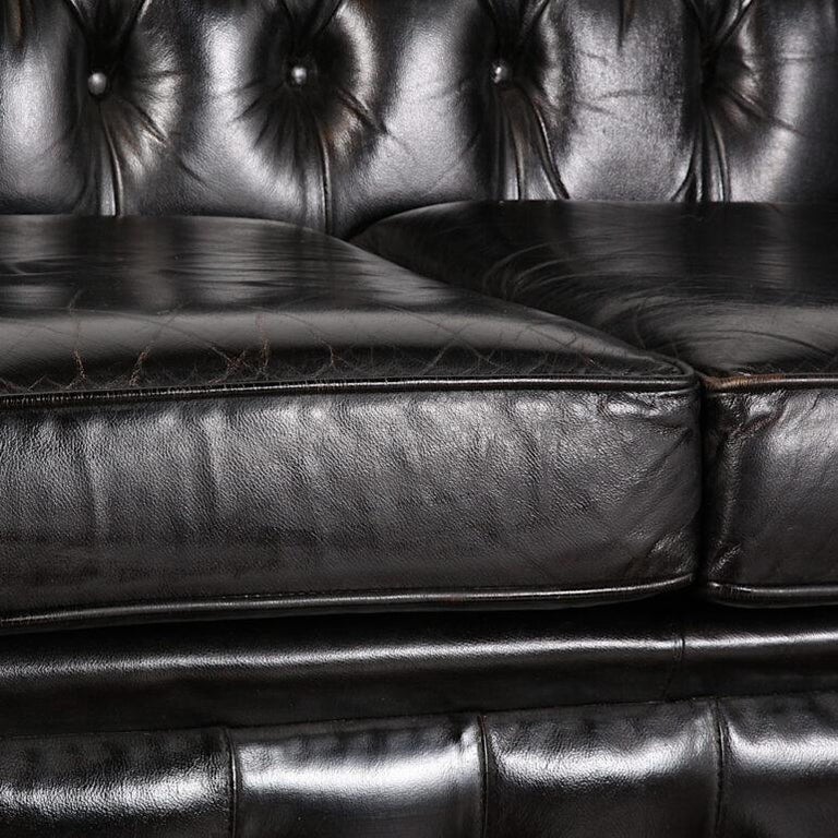 English Button Tufted Black Leather Sofa at 1stDibs