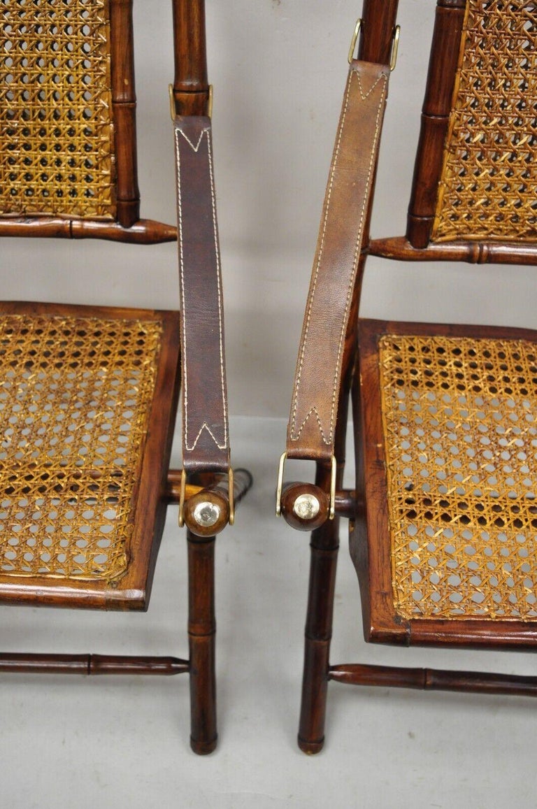 English Campaign Carved Wood Bamboo Folding Sling Arm Chairs with Cane ...