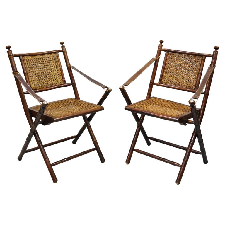 English Campaign Carved Wood Bamboo Folding Sling Arm Chairs with Cane ...