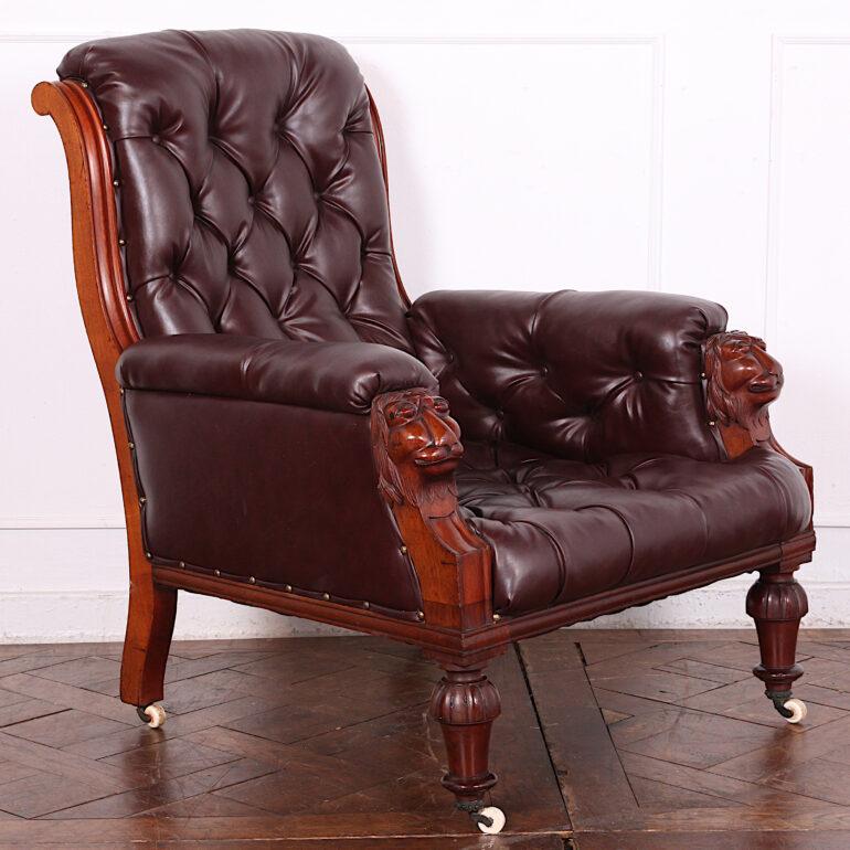 English Carved Mahogany Leather Library Chair For Sale at 1stDibs