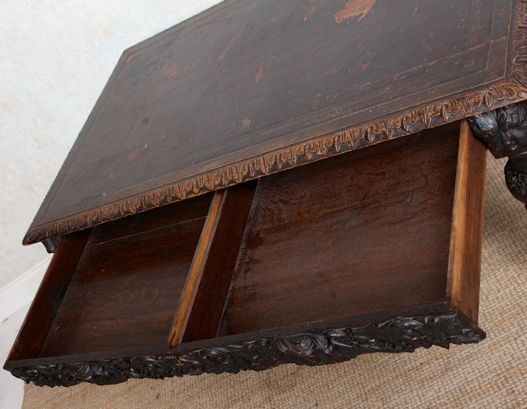 English Carved Oak Desk Library Table Gothic Jacobean Large Writing ...